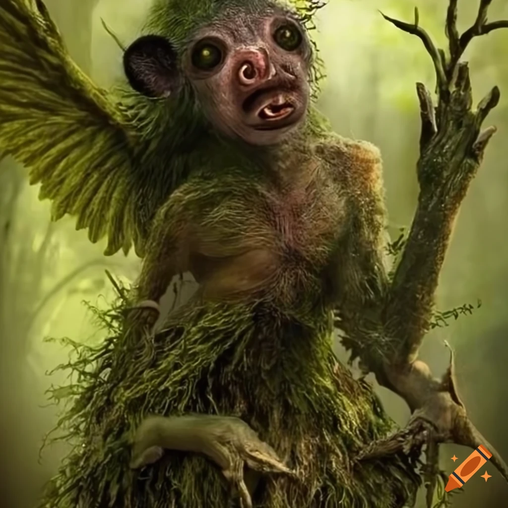Fantasy creature with aye-aye monkey head, tree body, and angel wings in Brian Froud style on ...