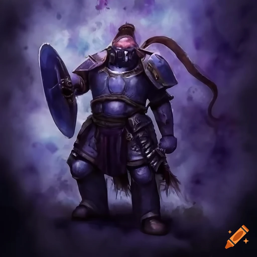 Religious dwarf in plate armor with bane mask, shield, and warhammer in ...