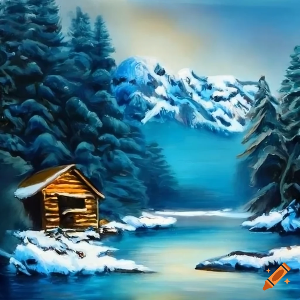 Bob ross oil painting of a river cabin and snow-covered trees on Craiyon