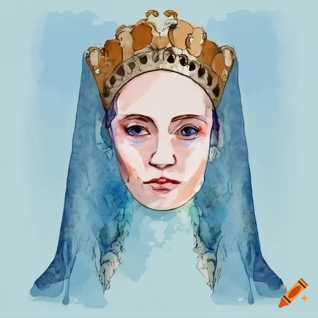 Middle-aged medieval queen in light blue clothing on Craiyon