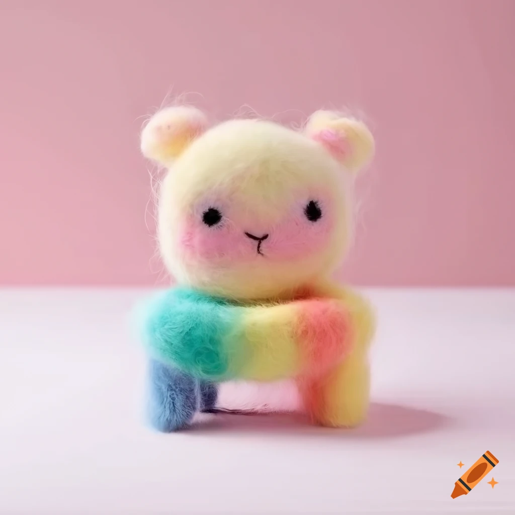 Fuzzy felted wool creature on pastel striped chair against a white ...