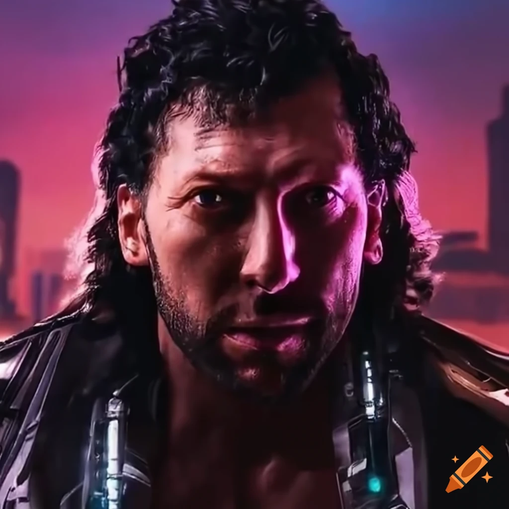 Kenny omega driving a car in a sci-fi cyberpunk cinematic scene on Craiyon