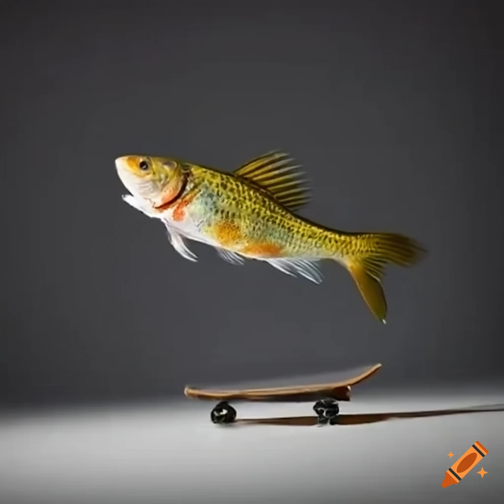 Skateboarding fish performing a kick flip trick on Craiyon