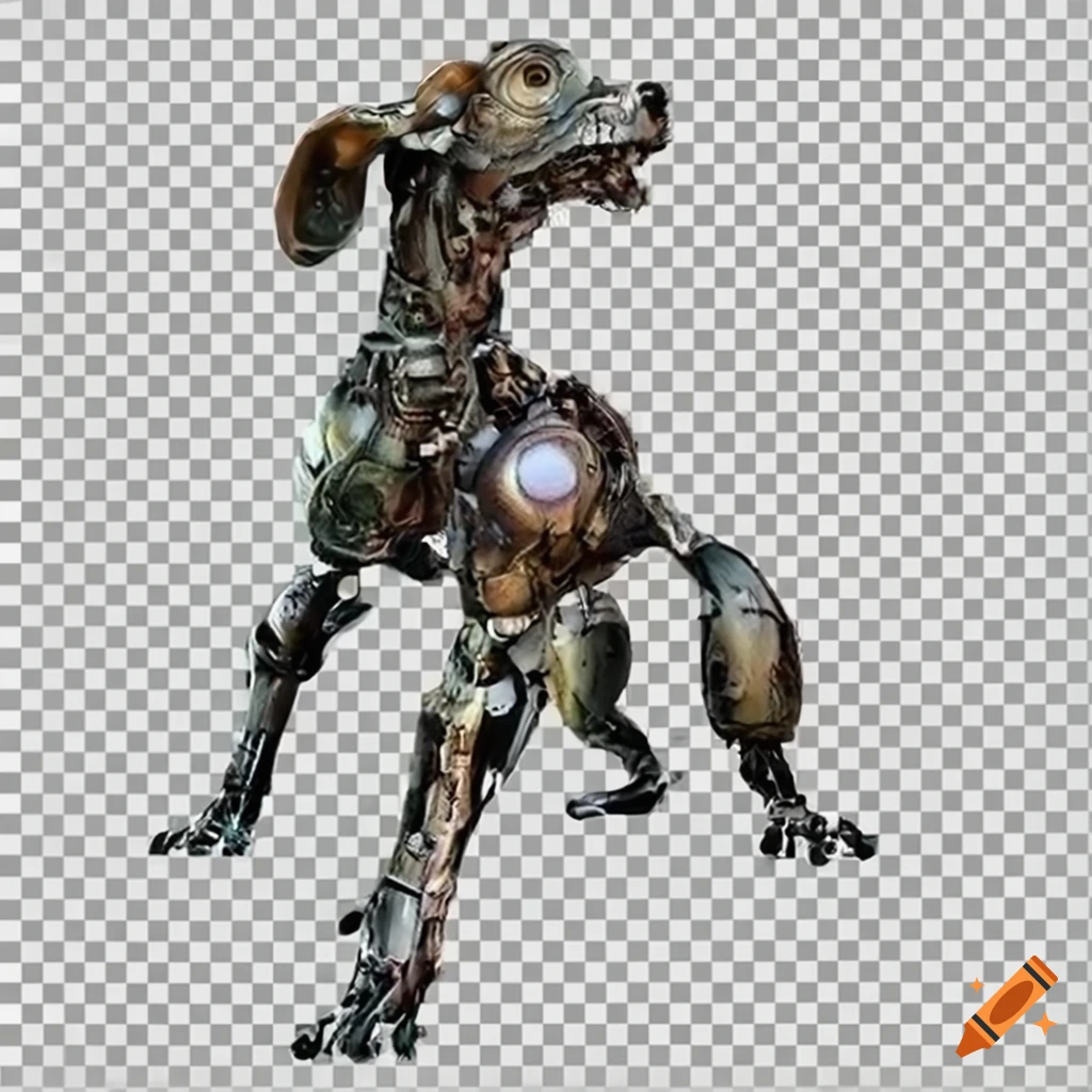 Surrealist cyborg dog with mechanical parts on transparent background ...