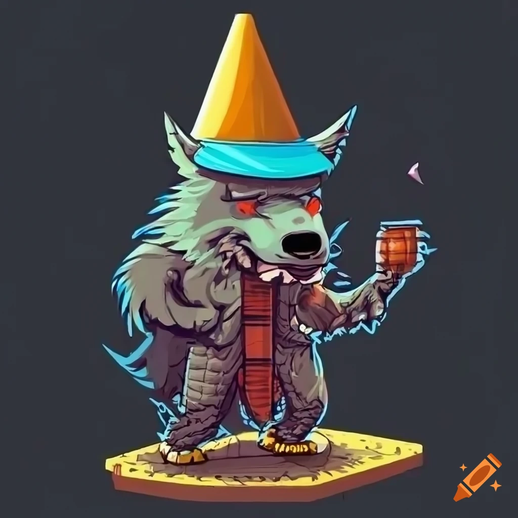 Highly detailed retro game wolf character with golden cone hat on Craiyon