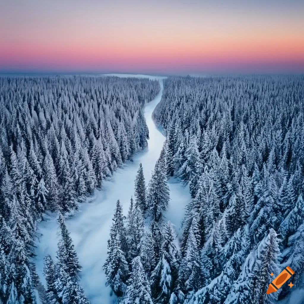 Aerial view of a winter forest in the boreal region on Craiyon