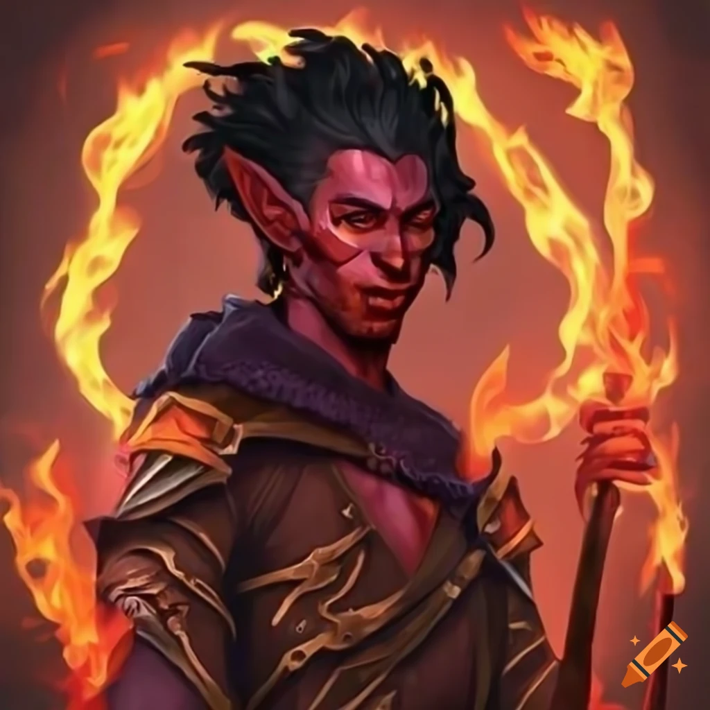 Fire genasi male with black hair, bronze markings, and red skin ...
