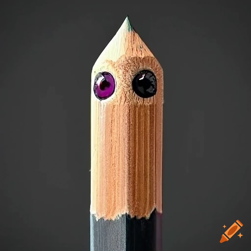 Closeup of a sharp pencil with round eyes looking at the viewer on Craiyon