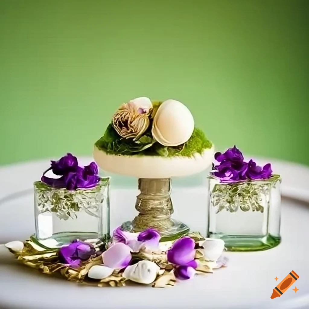 Transparent glass containers with purple flowers, candle, and mint in a ...