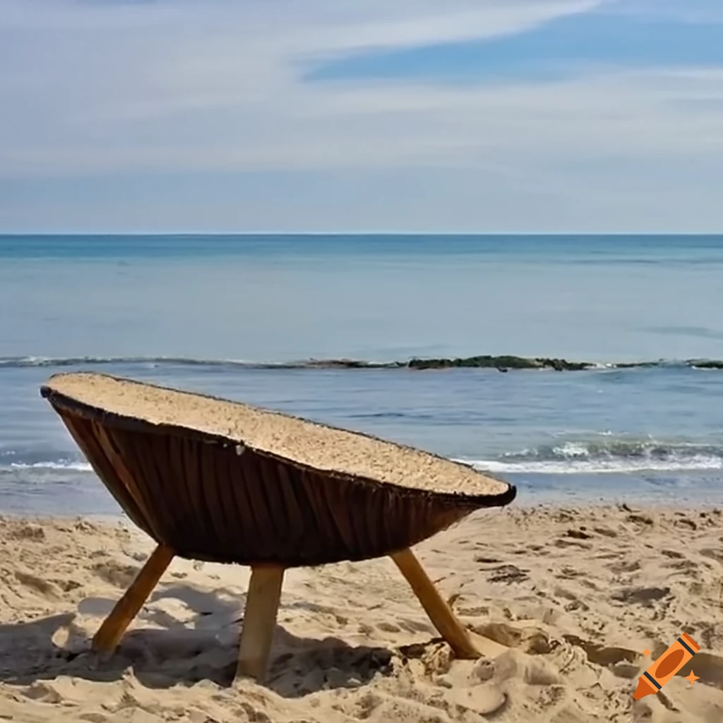 Coconut-shaped chair on a sandy beach on Craiyon