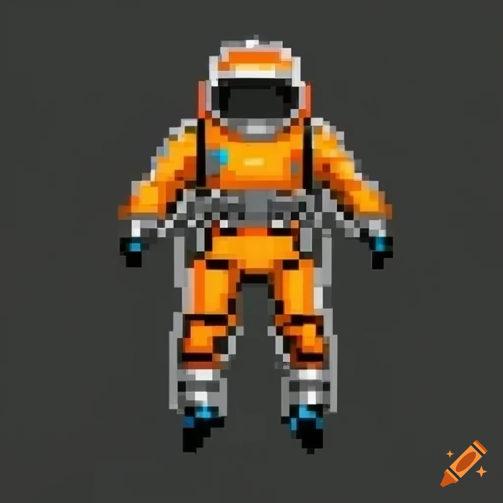 Retro fps enemy in orange and yellow spacesuit in pixel art style on ...