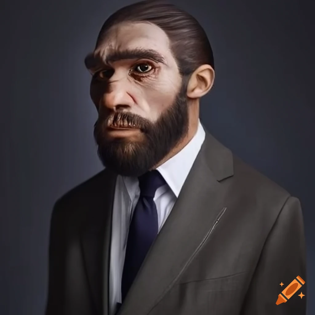 Portrait of a bearded Neanderthal in a business suit and tie on Craiyon