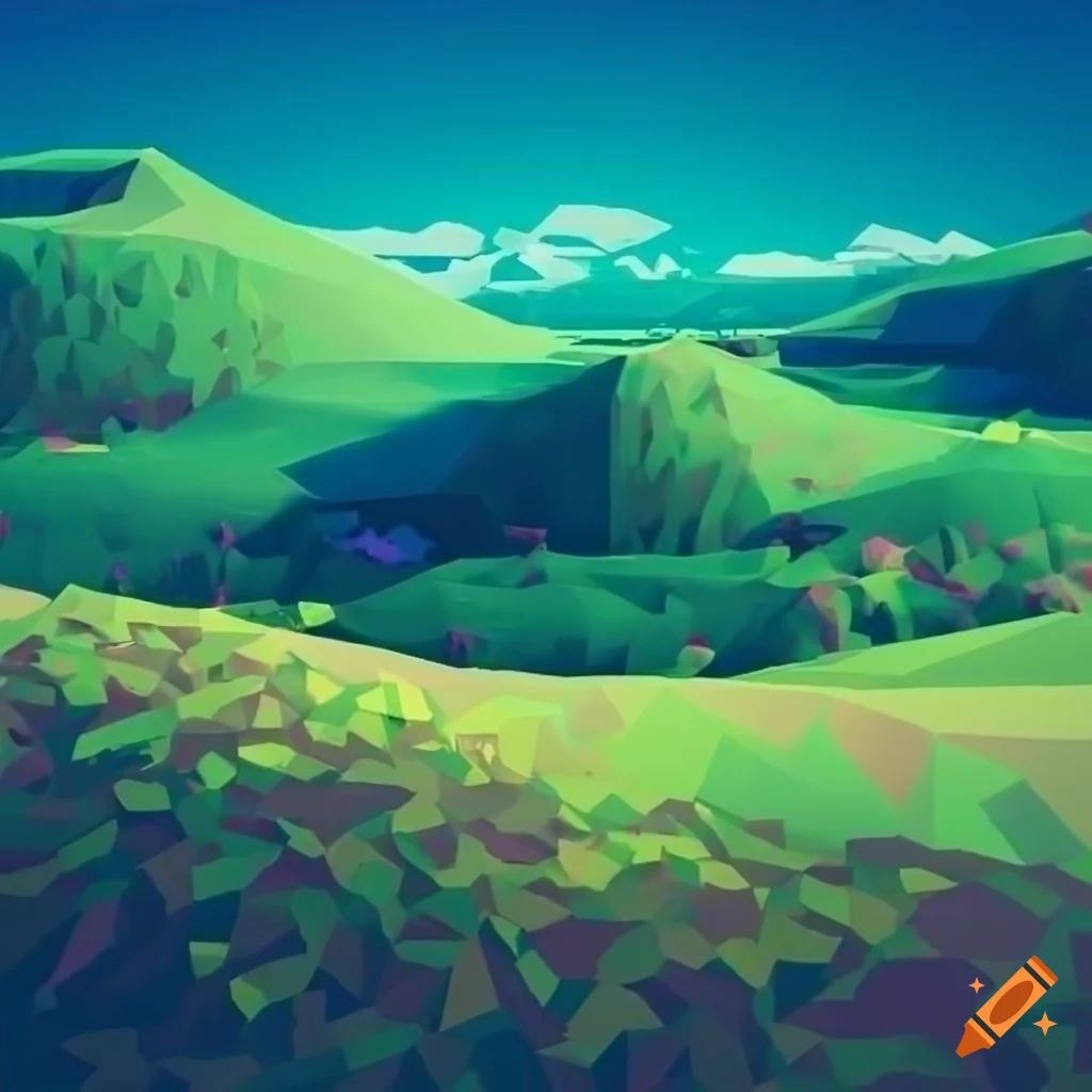 Scenic vista of rolling hills and flowery fields in low poly style on ...