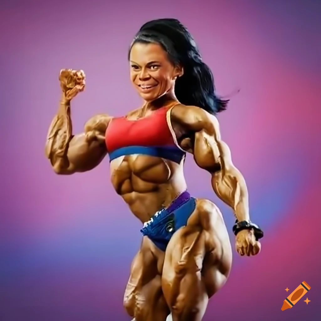 Female bodybuilder kristen welker promoting her tv show with a patriotic action figure on Craiyon