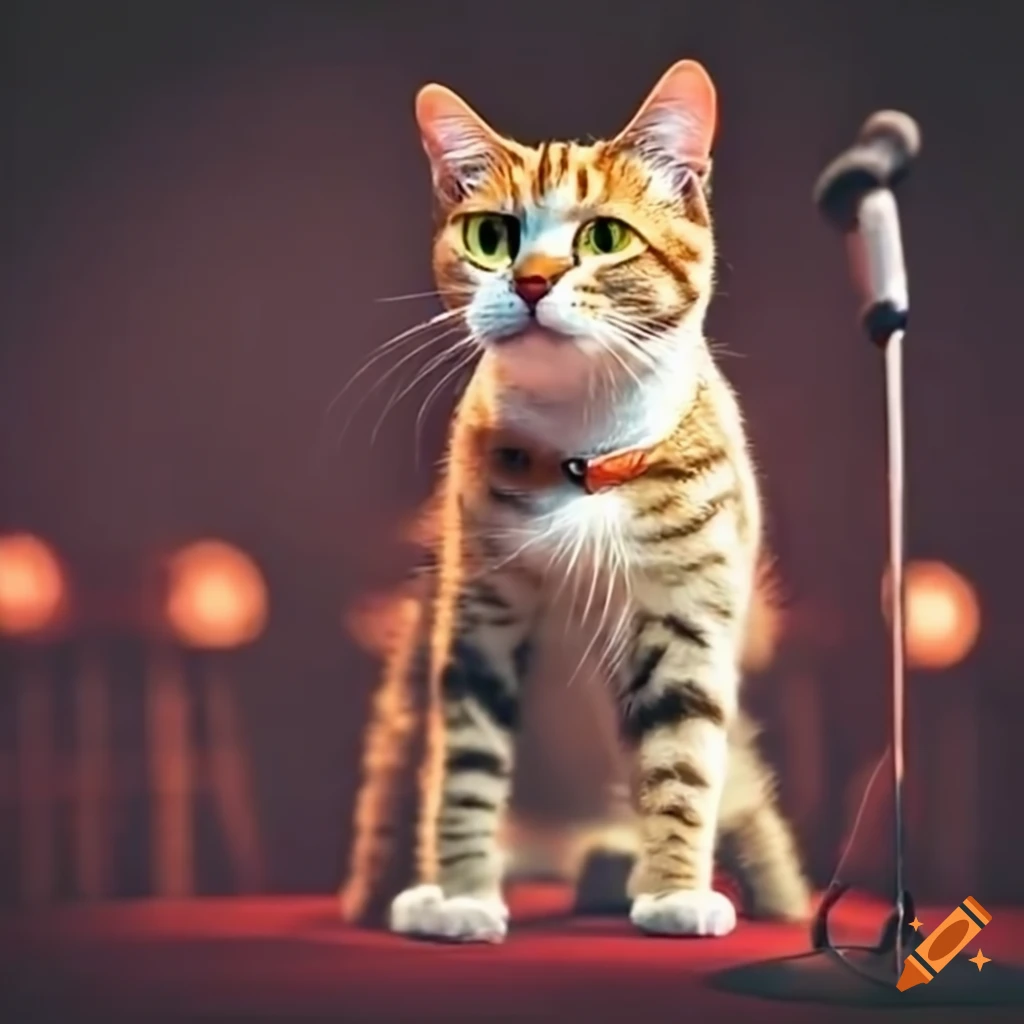 Cat performing stand up comedy on stage on Craiyon