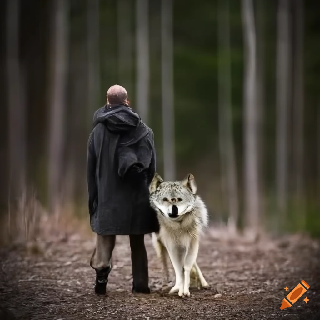 Man walking with a wolf on Craiyon