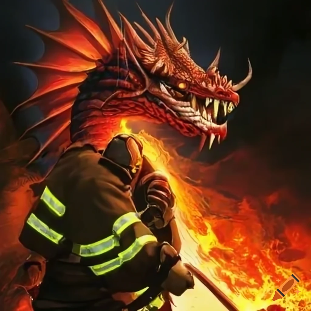 Firefighter facing off against a dragon on Craiyon