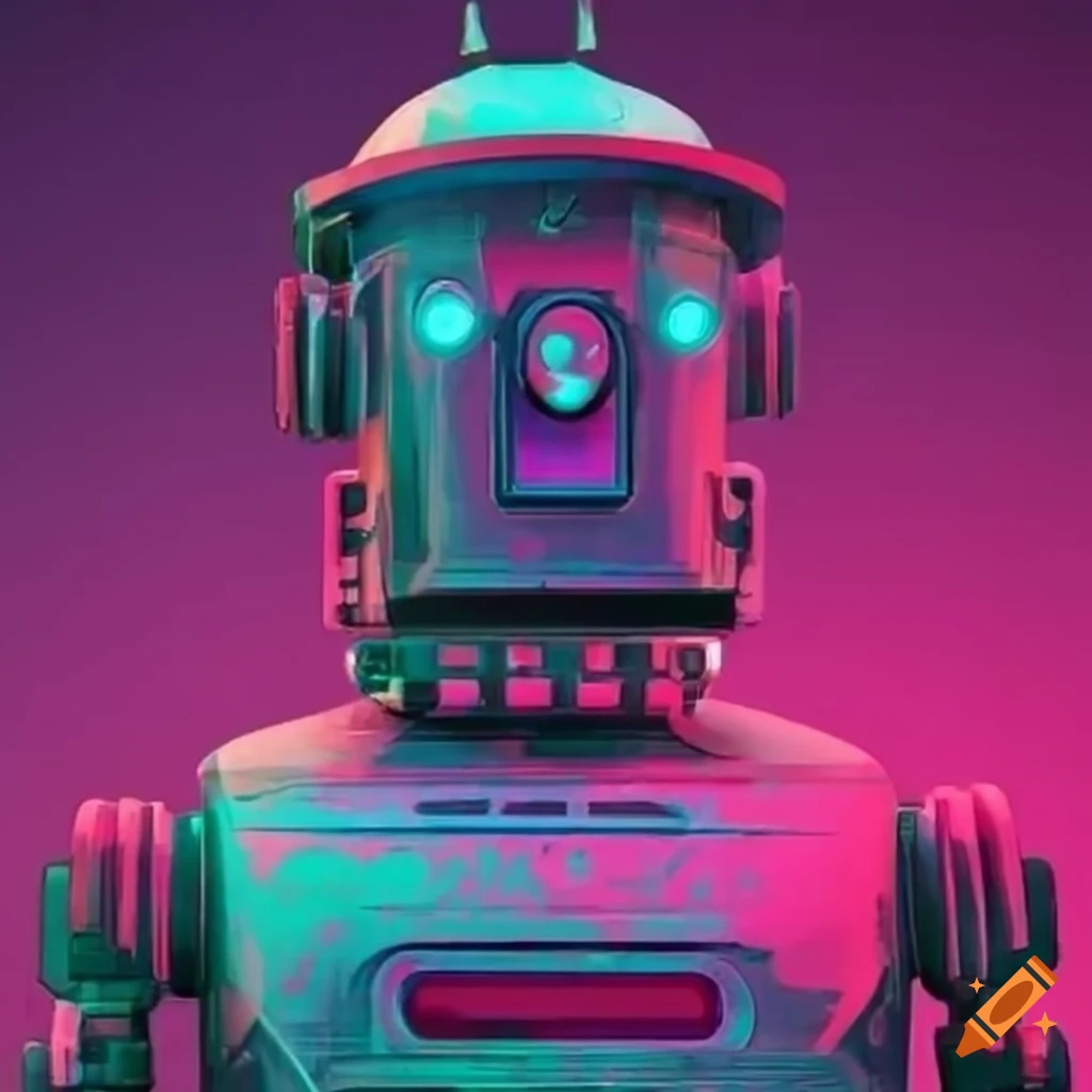 Illuminated robot with sovietwave and vaporwave style in a high-tech ...