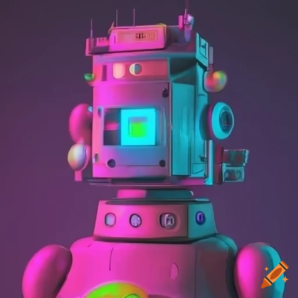 Illuminated robot with sovietwave and vaporwave style in a high-tech ...