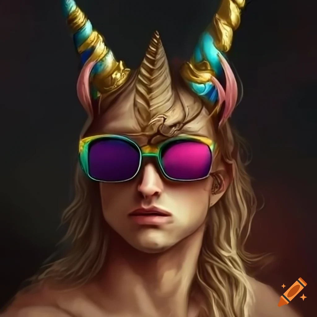 Mythological male creature with a unicorn-like horn wearing stylish ...