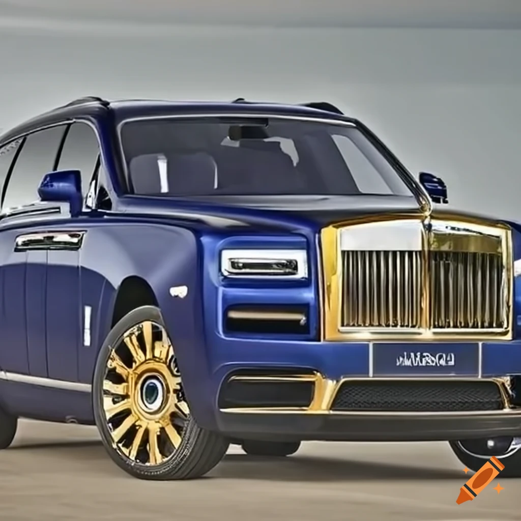 Dark blue rolls royce cullinan suv with gold accents on Craiyon