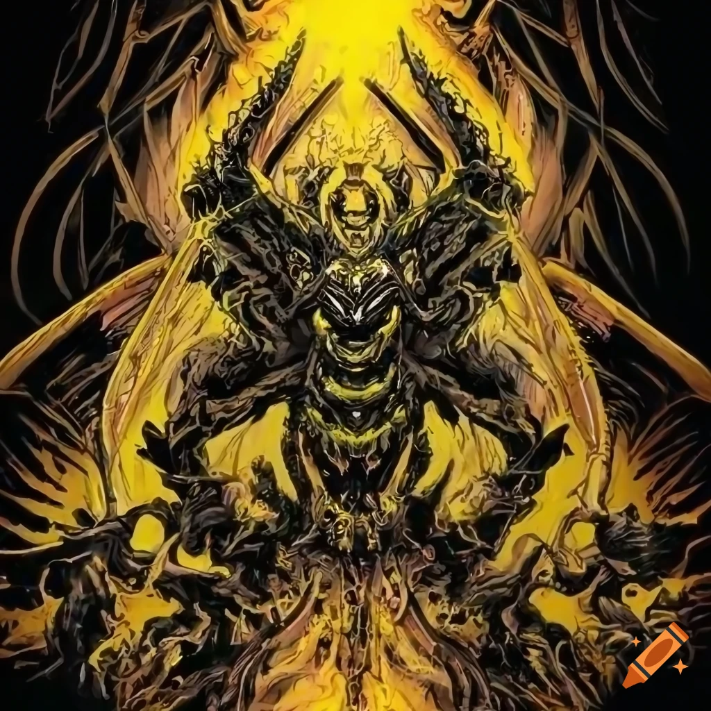 Neon orange and yellow demonic dragon artwork with angel apostle in a ...