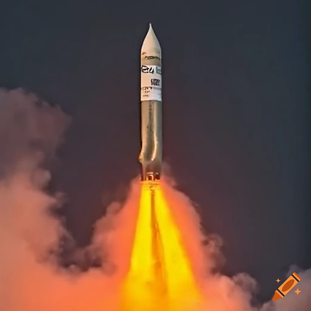 Large olive green rocket with 21 engines taking off under a clear sky ...