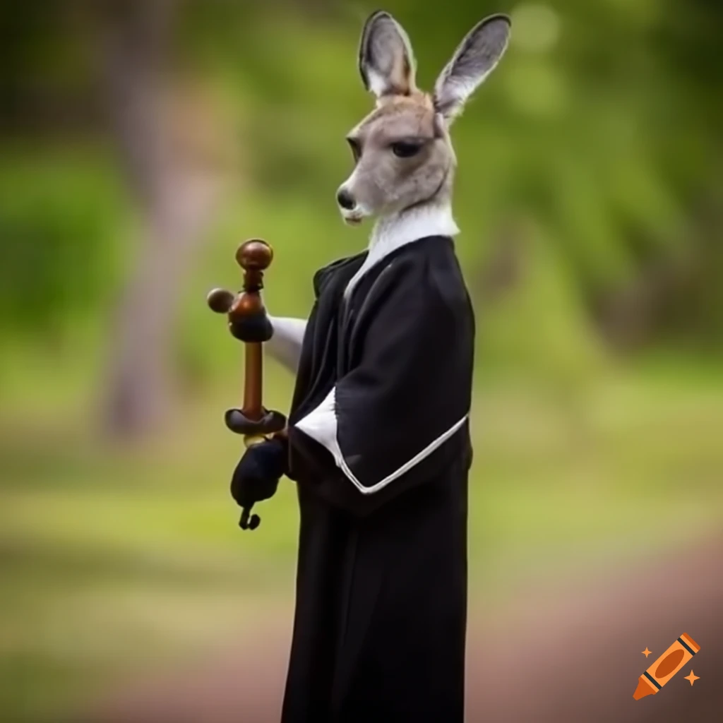Kangaroo wearing judges robe holding a gavel on Craiyon