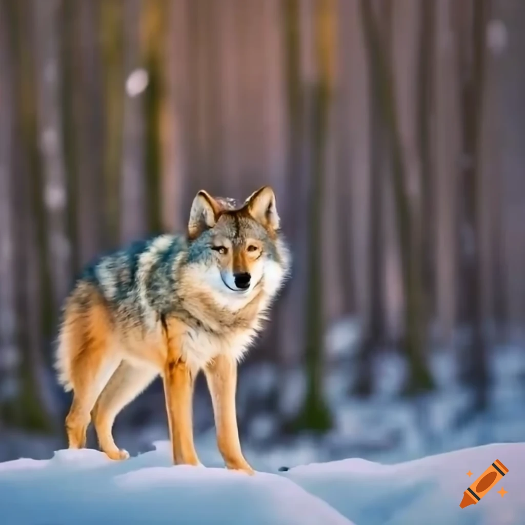 Small wolf walking through snowy forest on Craiyon