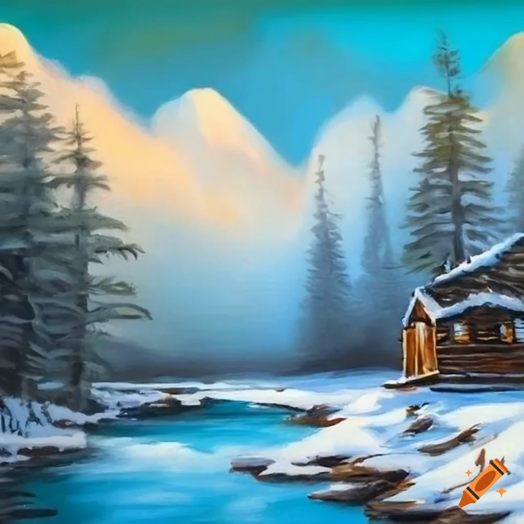 Bob ross oil painting of a river cabin and snow-covered trees on Craiyon