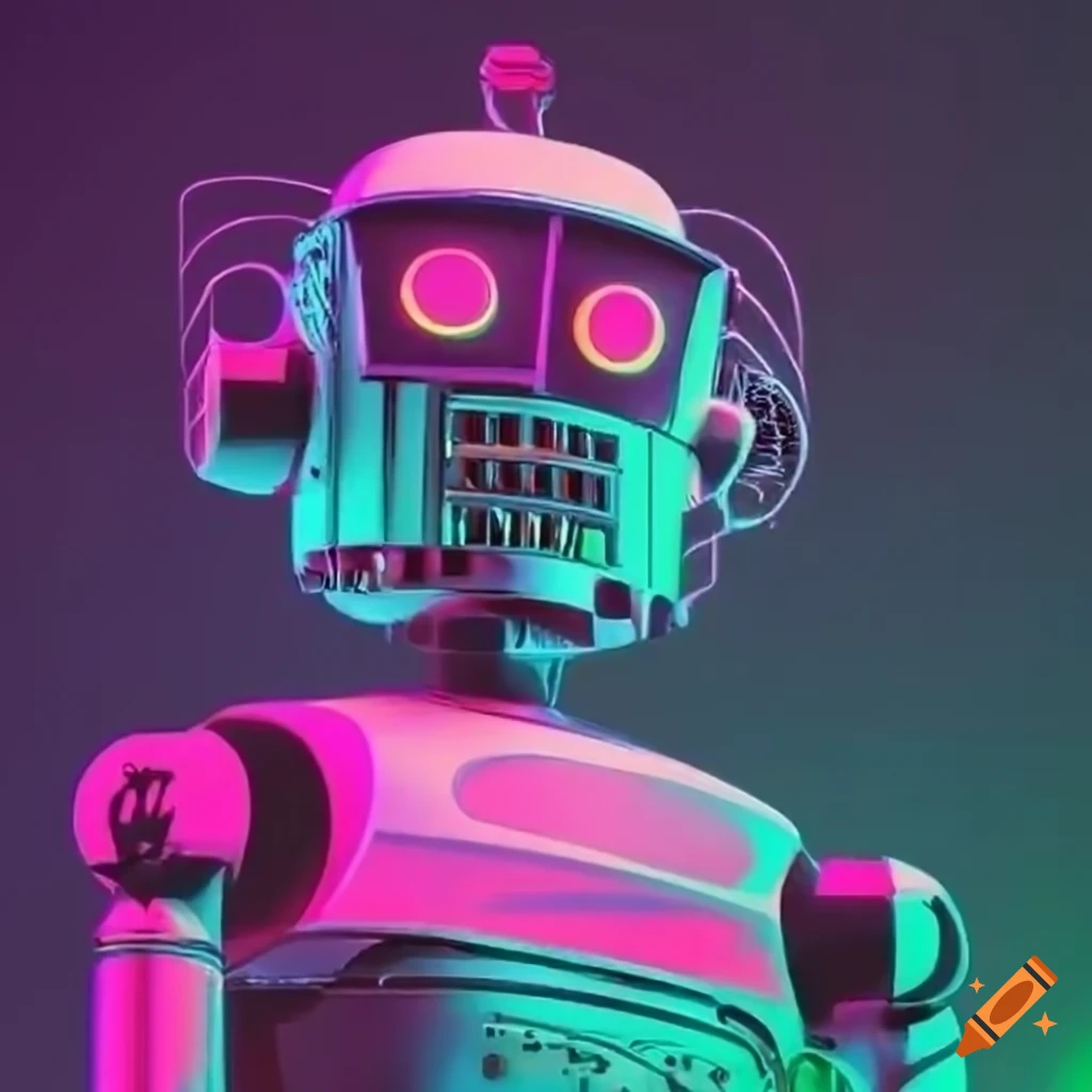 Illuminated robot with sovietwave and vaporwave high-tech vibes on Craiyon