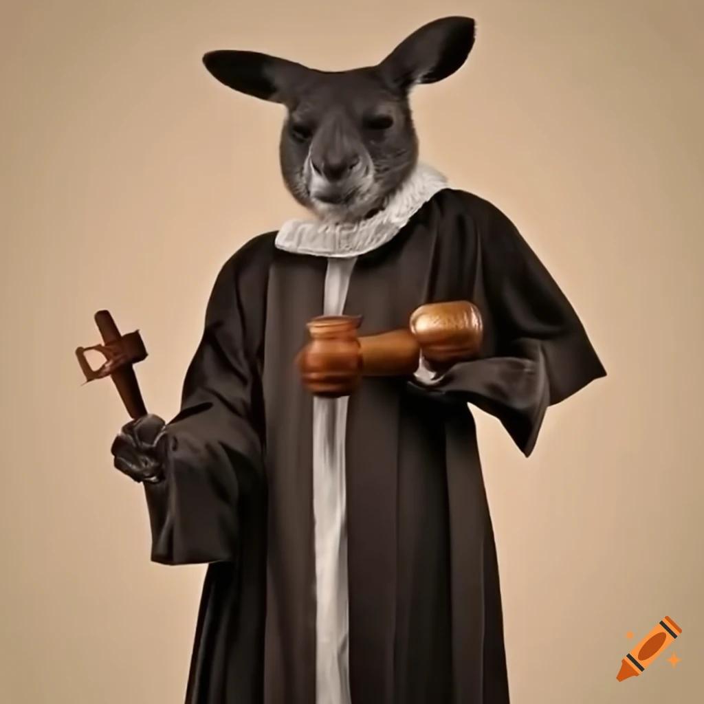 Kangaroo in judge's robe holding a gavel on Craiyon