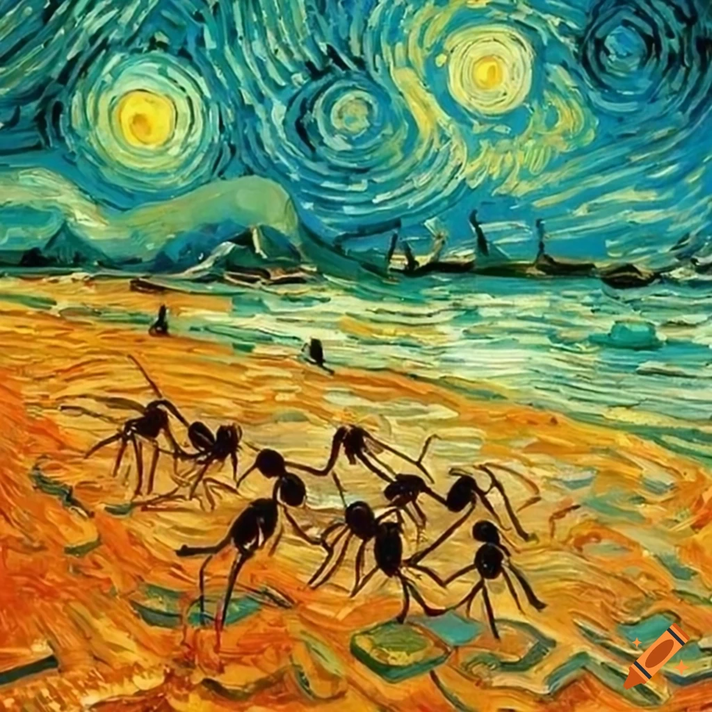 Ants on the beach by vincent van gogh on Craiyon