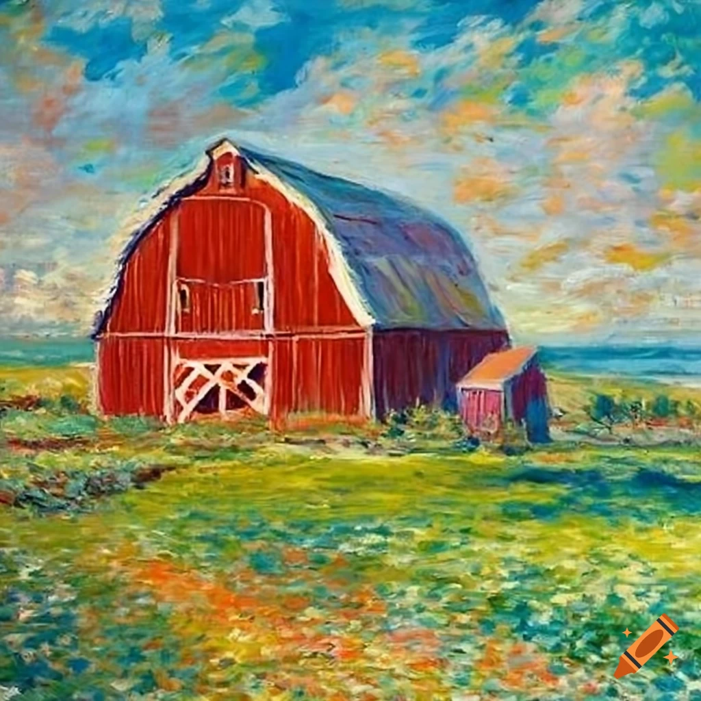 Monet-style painting of lovers in a farm field with a red barn on Craiyon