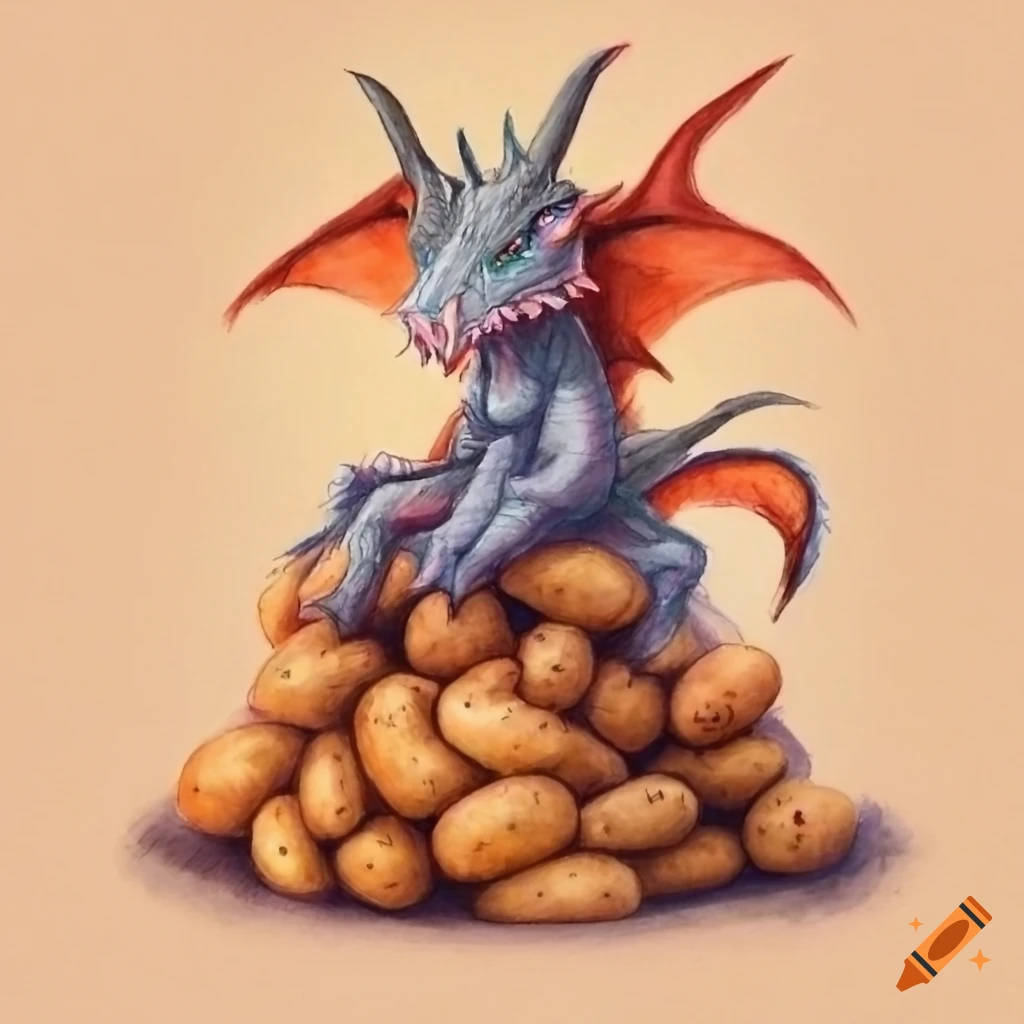 Dragon sitting on a pile of potatoes in a whimsical setting on Craiyon