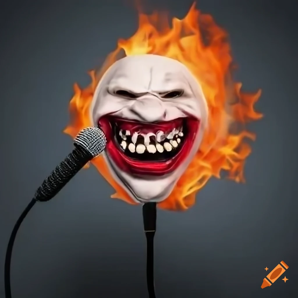 Laughing mask speaking on microphone surrounded by envelopes and fire ...