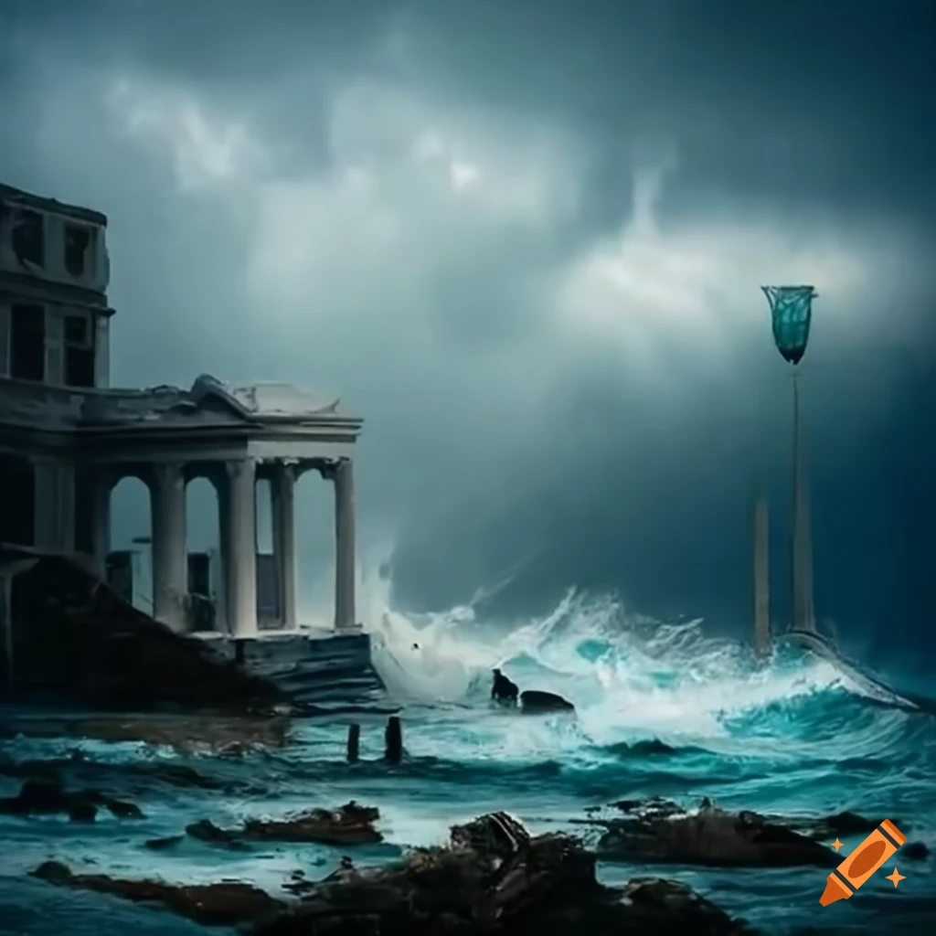 Storm waves crashing against the White House ruins during a hurricane ...