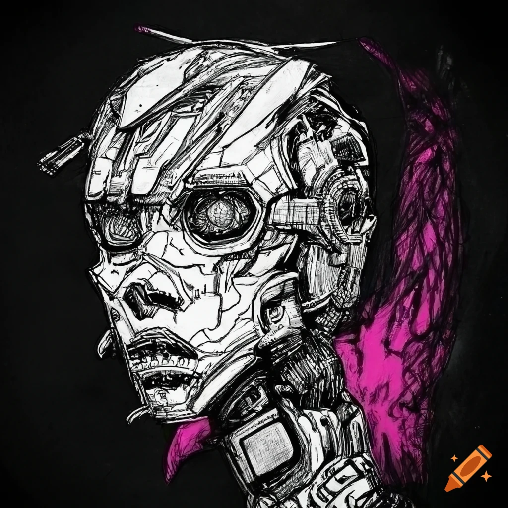 Cyberpunk cyborg pen and ink drawing on Craiyon