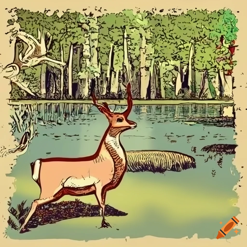 Vintage comic style: Deer in front of a spring pond surrounded by trees ...