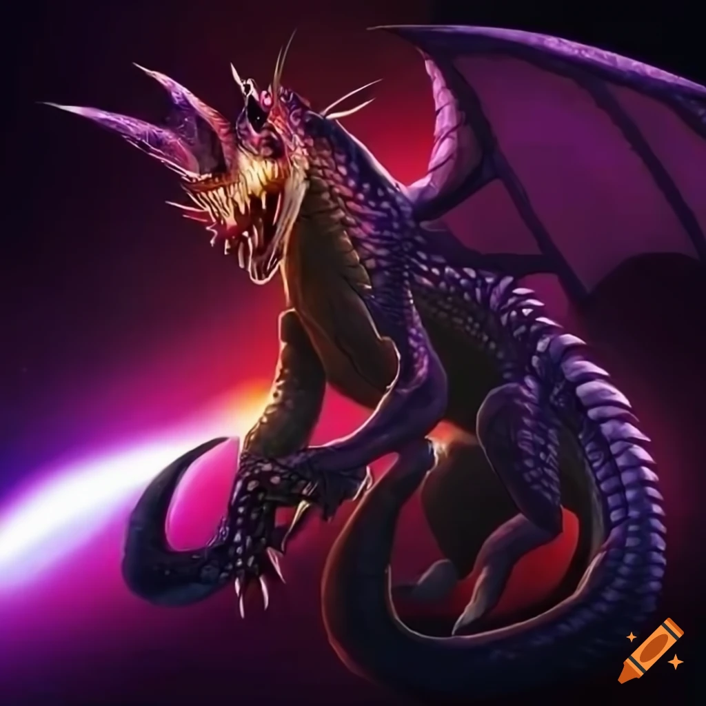 Big space dragon with long wings, sharp tail, teeth, and claws on Craiyon