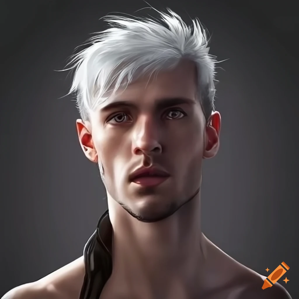 Portrait of Thomas Rowntree, a male human squire with long white mohawk ...