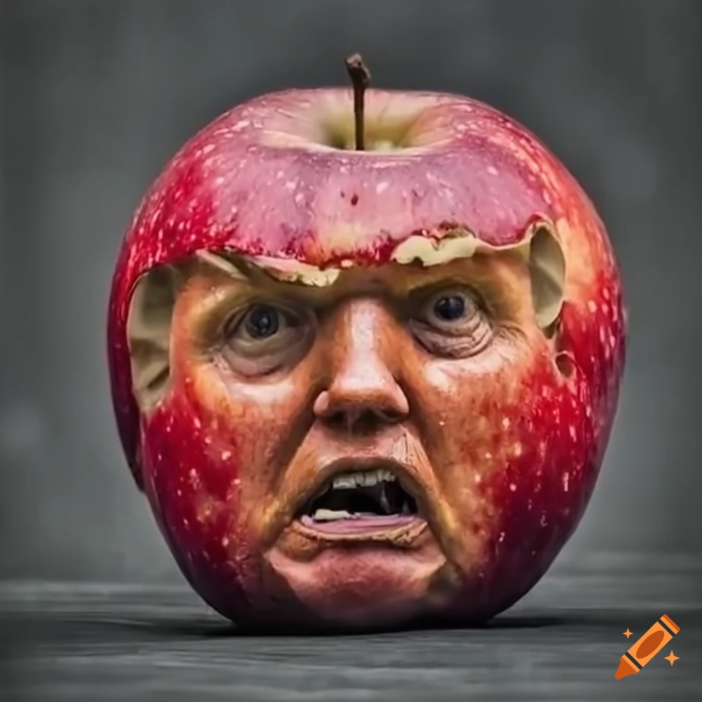 Rotting red apple with a caricature of a famous figure on Craiyon