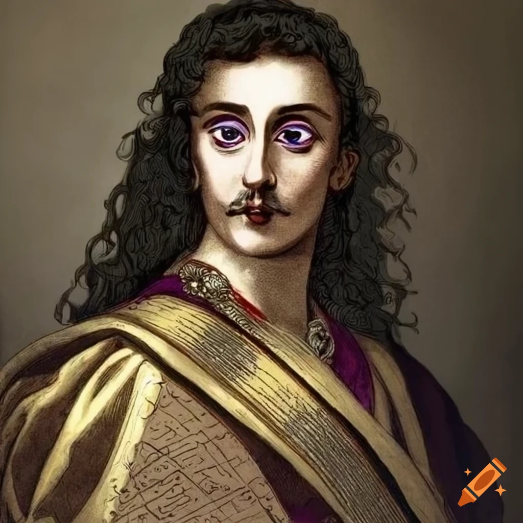 Portrait of a young adult king with long black hair and purple eyes in ...