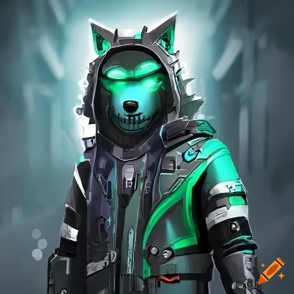 Bipedal android wolf character in futuristic clothing on Craiyon