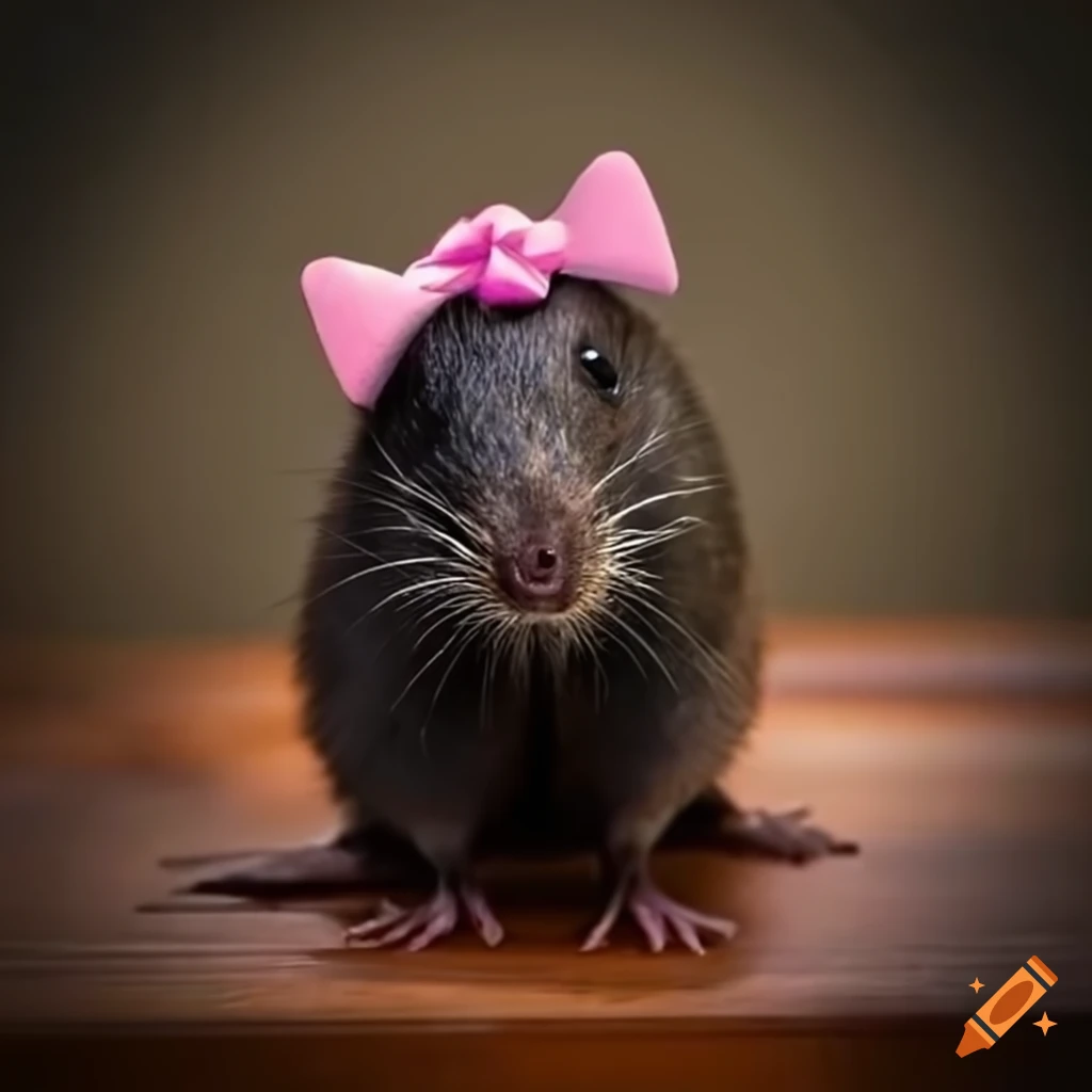 Chubby black rodent with a pink bow perched on a bar counter on Craiyon