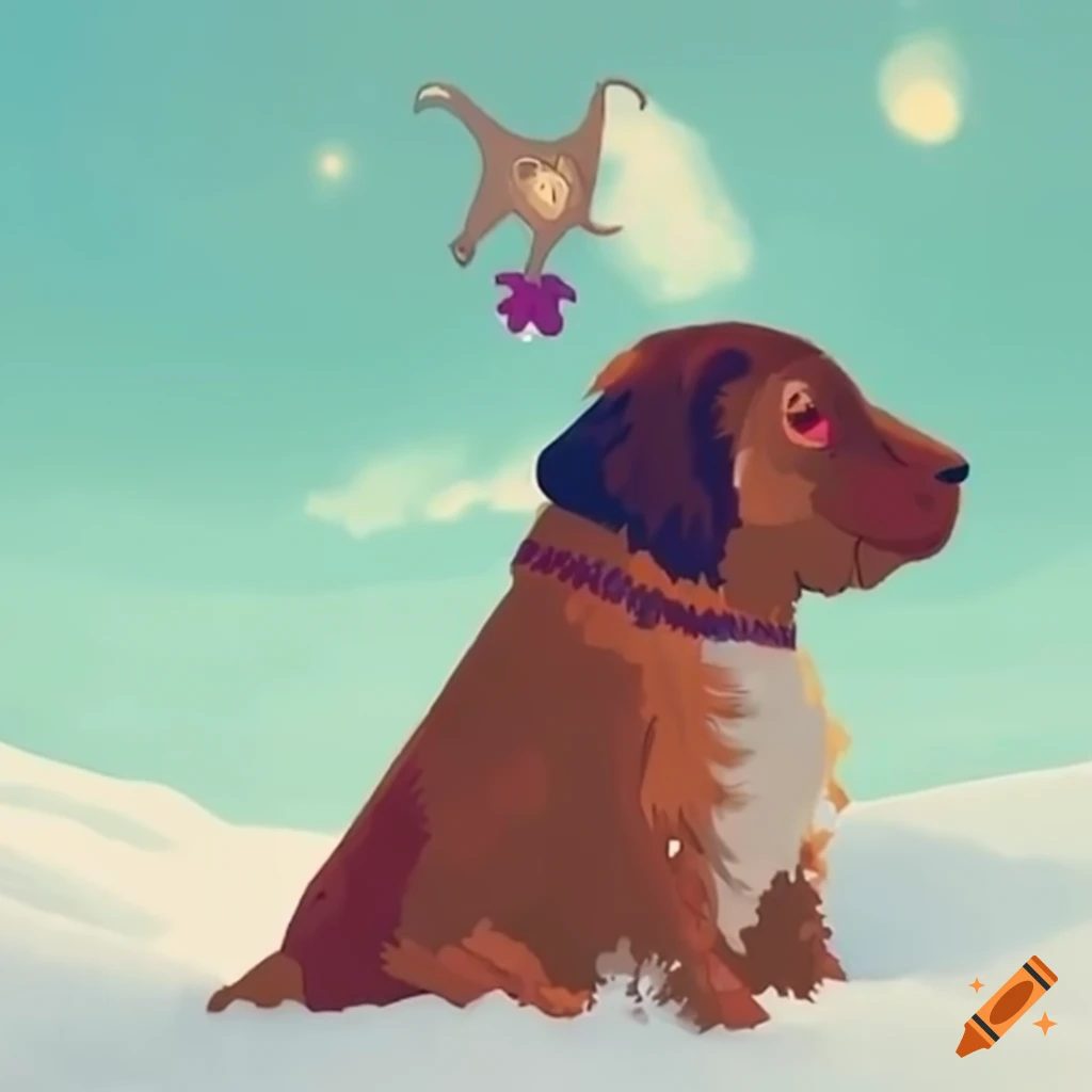 Colorful drawing of a dog dreaming of chasing squirrels in the snow on ...