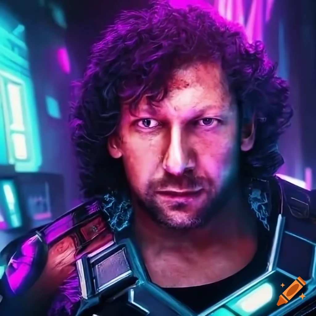 Kenny Omega driving a car in a sci-fi cyberpunk scene on Craiyon