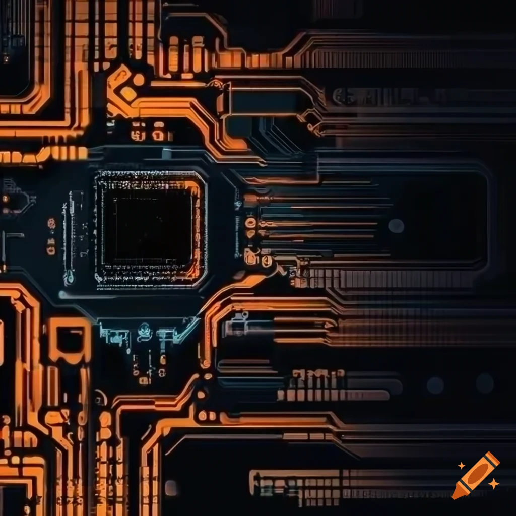 Abstract artwork of black and glowing orange printed circuits boards in ...