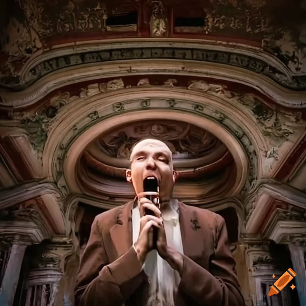 Man singing in abandoned opera house on Craiyon