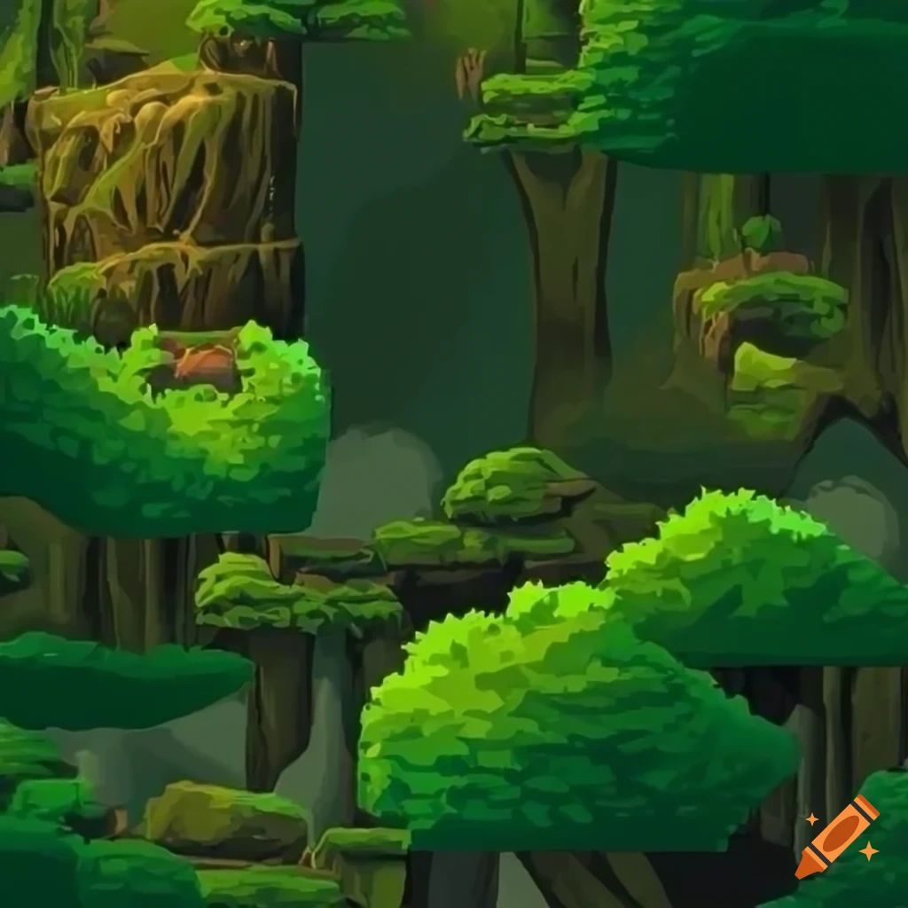 Jungle video game tileset with lush greenery, stones, and trees on Craiyon